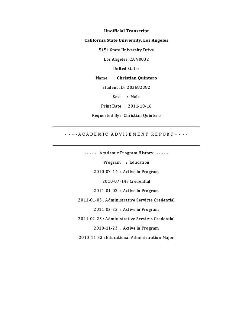 Unofficial Transcript: CSULA Records | PDF | Curriculum | Further Education