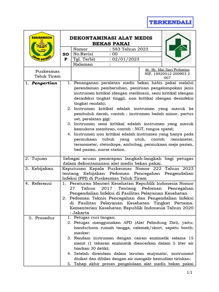 SOP Dekomentasi Alat Medis Bekas Pakai | PDF