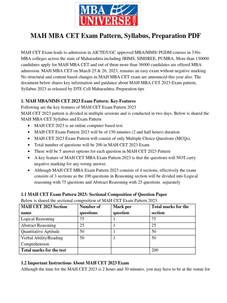 Mah Cet Exam Pattern Syllabus Preparation | PDF | Mathematics | Question