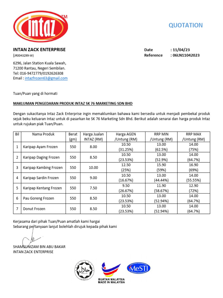 quotation intaz SK 76 | PDF