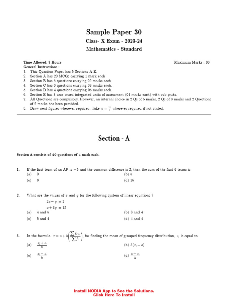 Maths Standard Cbse Sample Paper Unsolved 2023 To 24 | PDF | Polynomial | Area