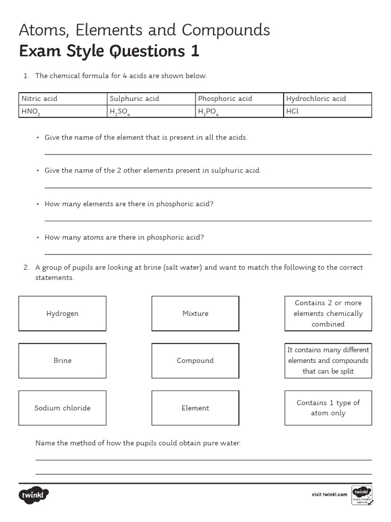 Atoms Elements and Compounds Exam Style Questions 1 Ks3 | PDF