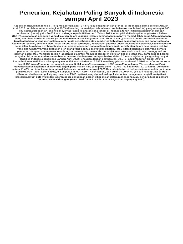 Pencurian Kejahatan Paling Banyak Di Indonesia Sampai April 2023 | PDF | Politik | Fiksi Misteri ...
