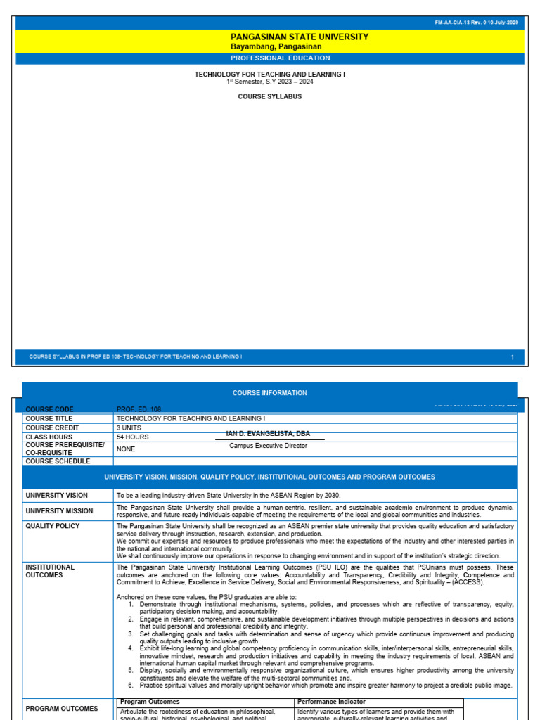 Prof. Ed. 108 Course Syllabus | PDF | Learning | Cognition