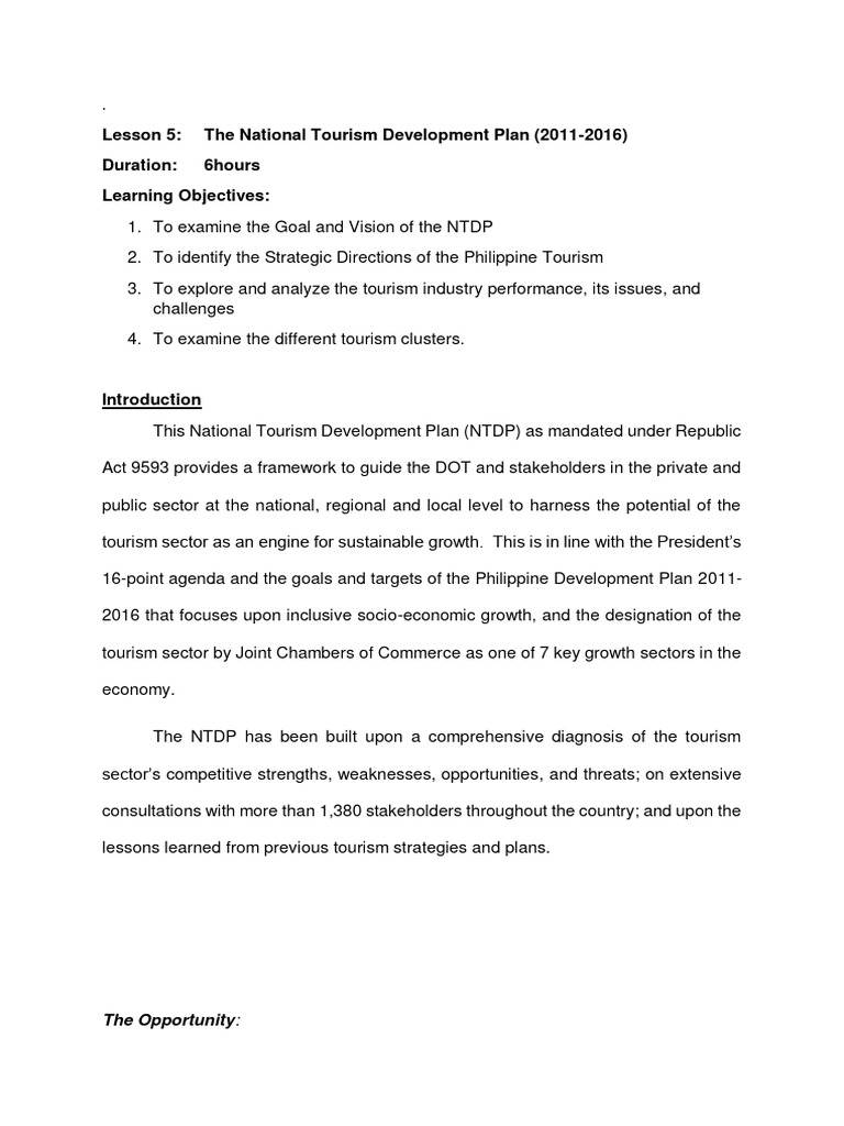 PCTG Lesson 5 NTDP 2011 2016 | PDF | Tourism | Philippines