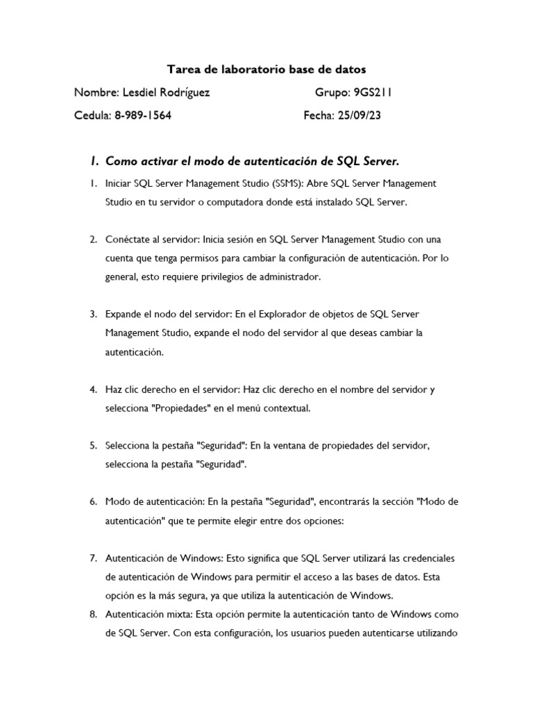 Tarea | PDF | Servidor SQL de Microsoft | Autenticación