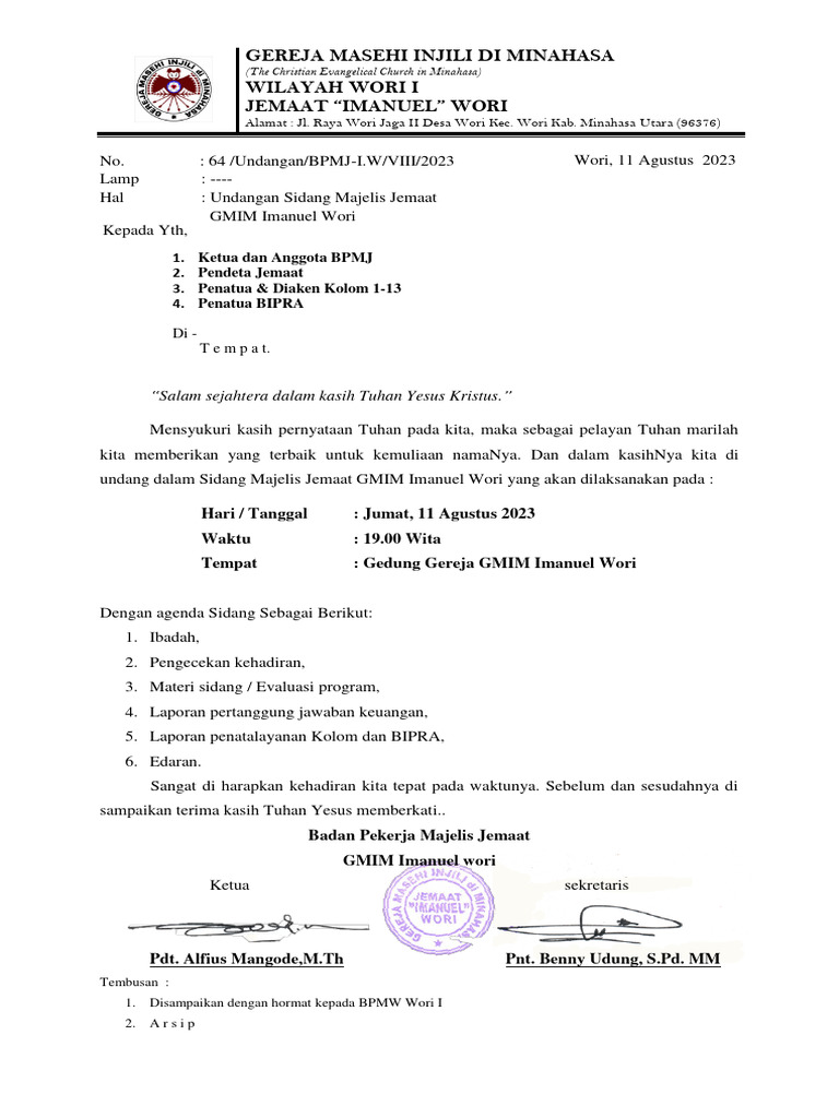 Undangan Sidang Majelis Jemaat | PDF