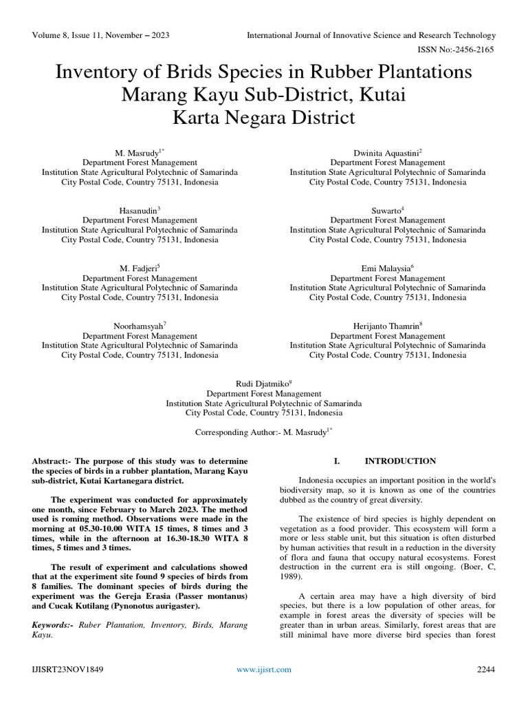Inventory of Brids Species in Rubber Plantations Marang Kayu Sub ...