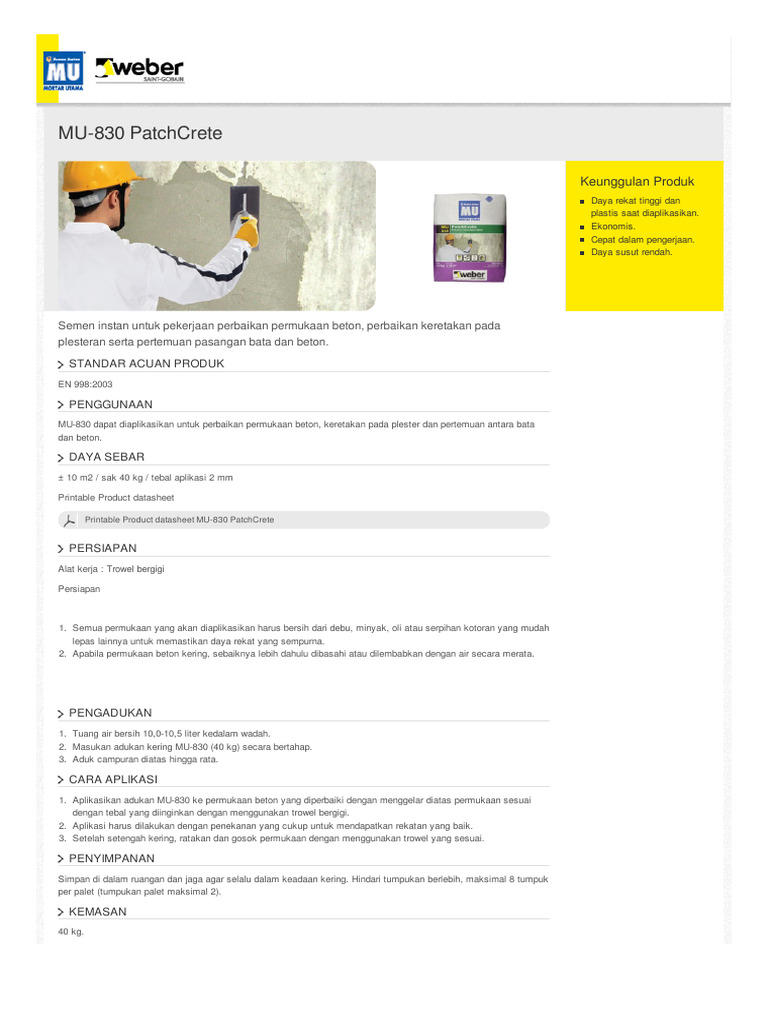 MU-830 PatchCrete untuk Perbaikan Beton | PDF