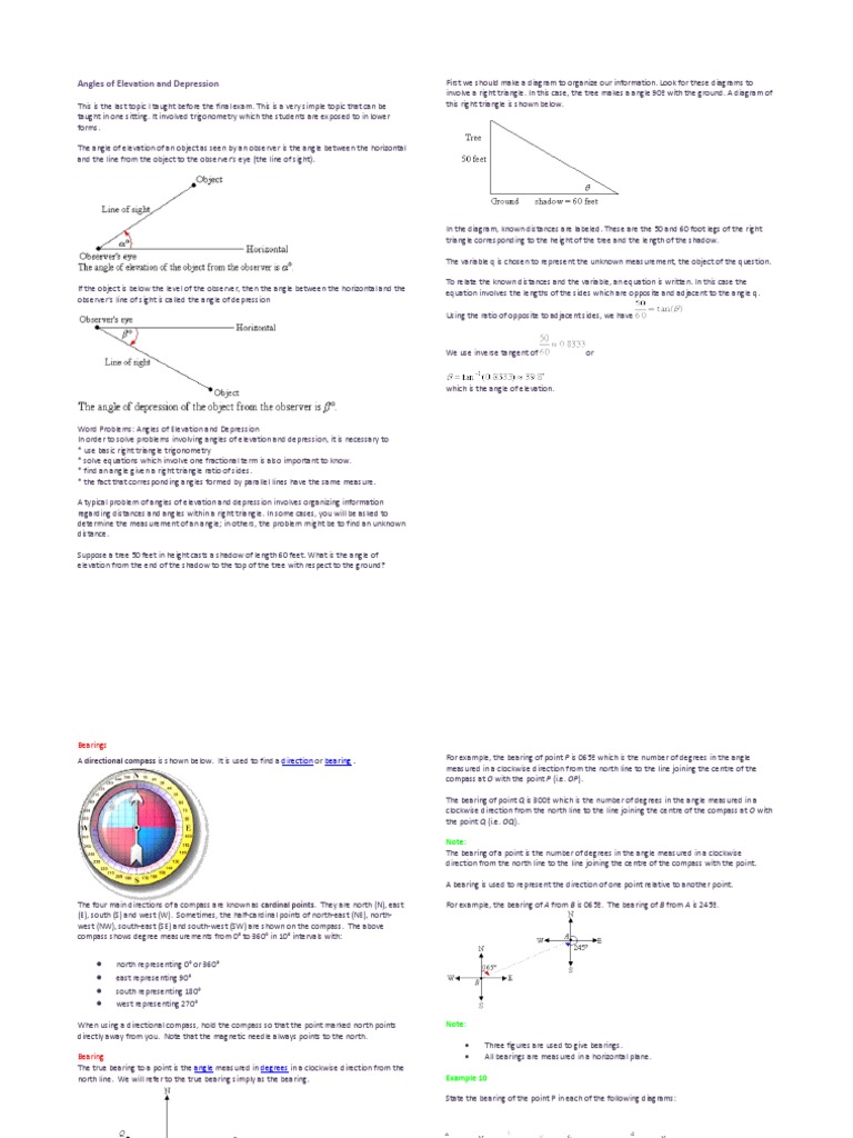 Angles of Elevation and Depression, Bearings Notes | PDF | Triangle | Angle