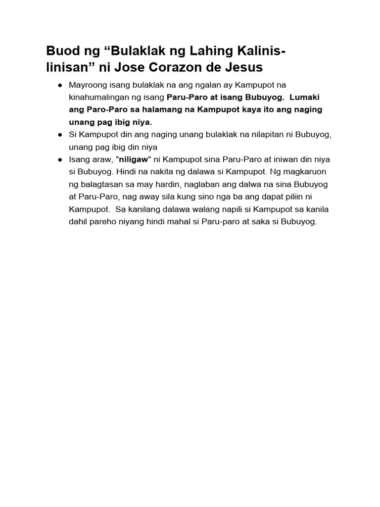 Buod NG Bulaklak NG Lahing Kalinis Linisan Ni Jose Corazon de Jesus | PDF