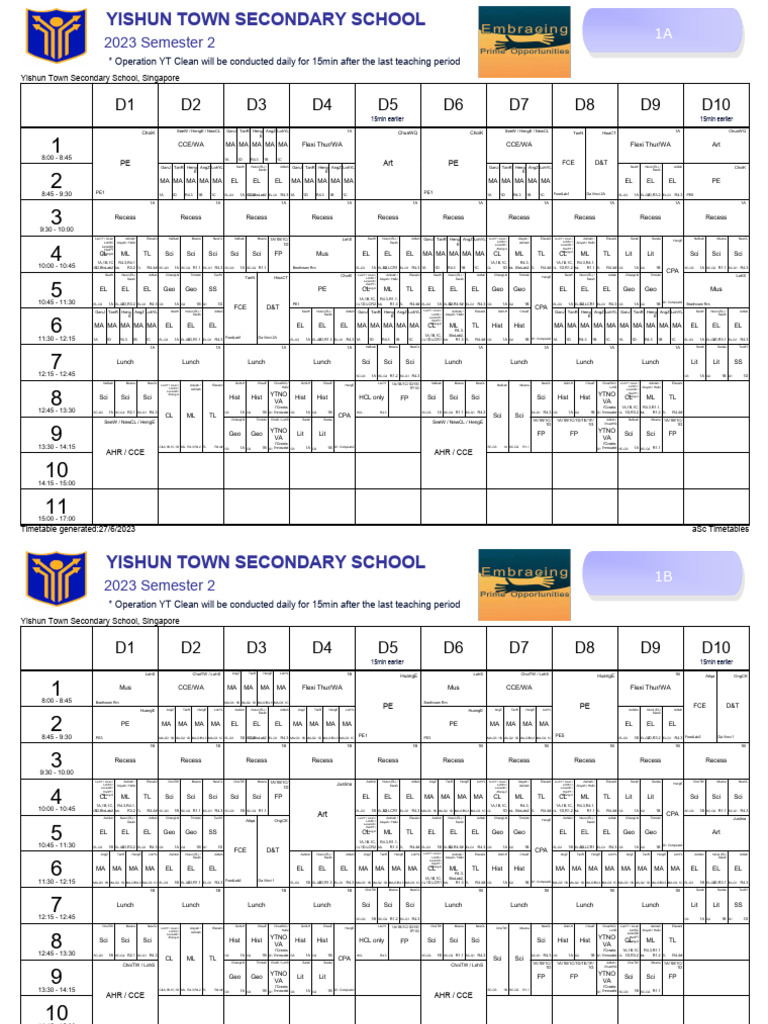 Timetable Term 3 2023 Sec 1 | PDF