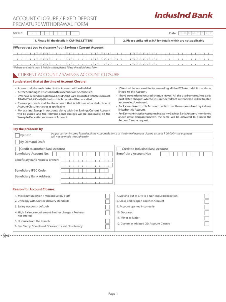 Account Closure and Term Deposit Premature Withdrawal Form | PDF ...