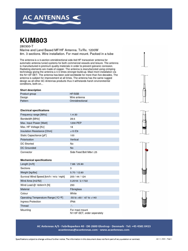280300-T Marine and Land Based MF/HF Antenna. Tx/Rx. 1200W 8m. 3 Sections. Wire Installation ...
