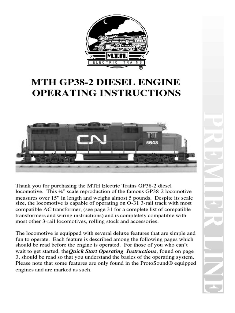 MTH Gp38 2 Diesel Engine Operating Instructions Electric Trains PDF