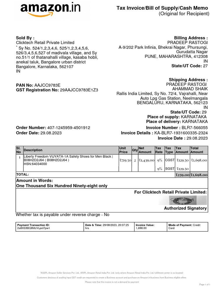 Safety Shoes Invoice Bangalore | PDF | Invoice | Business