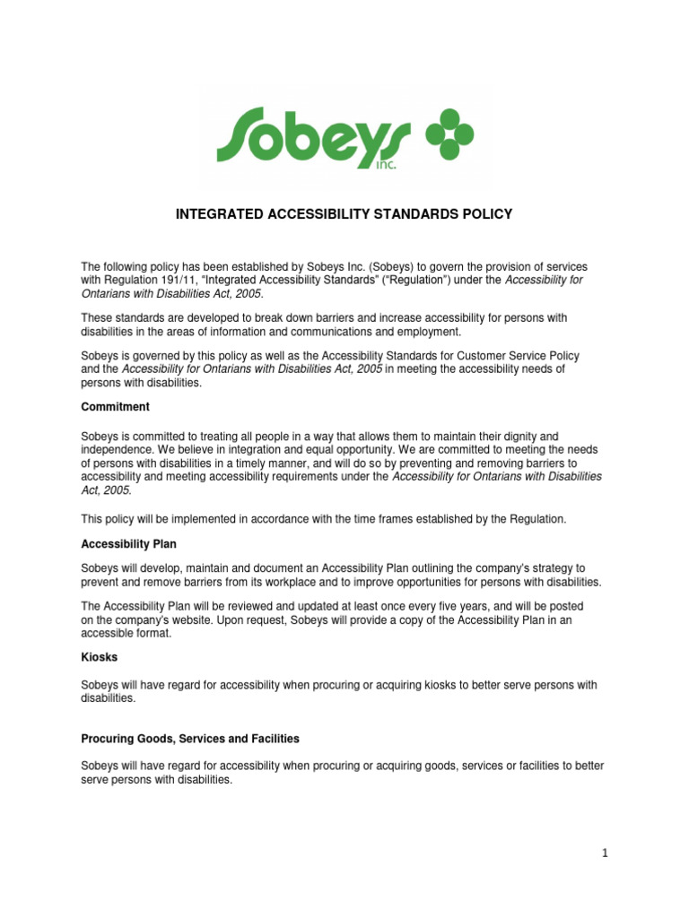 Sobeys Integrated Accessibility Standards Policy Ontario | PDF | Accessibility | Employment