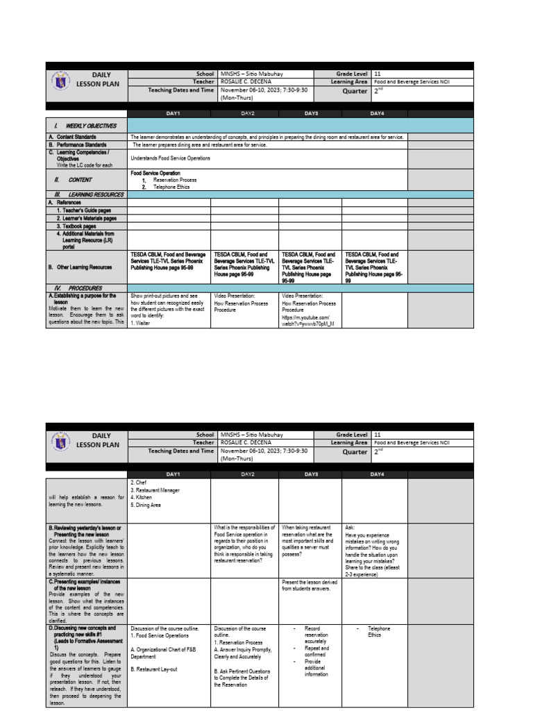 FBS-DLL - Table Reservation | PDF | Learning | Lesson Plan