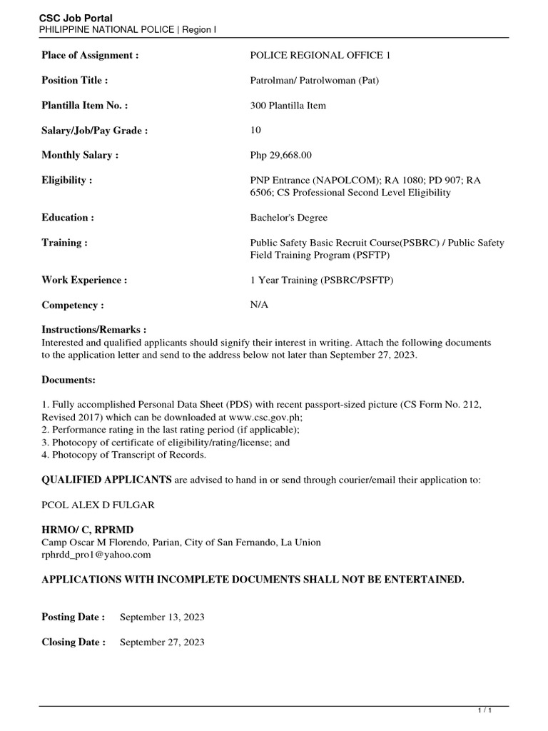 PHILIPPINE NATIONAL POLICE-Patrolman Patrolwoman Pat | PDF