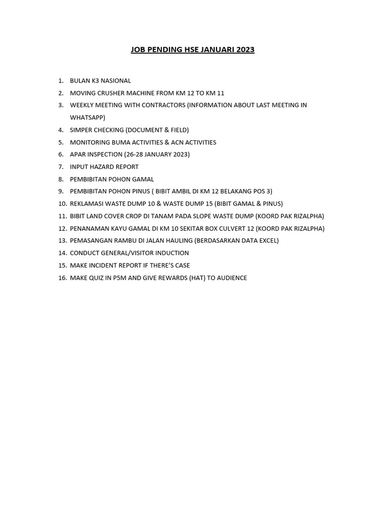 Job Pending Hse Januari 2023 | PDF