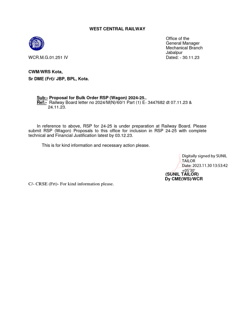 Letter To Units For Bulk RSP Proposals WAGON & Rly BD Letter | PDF ...