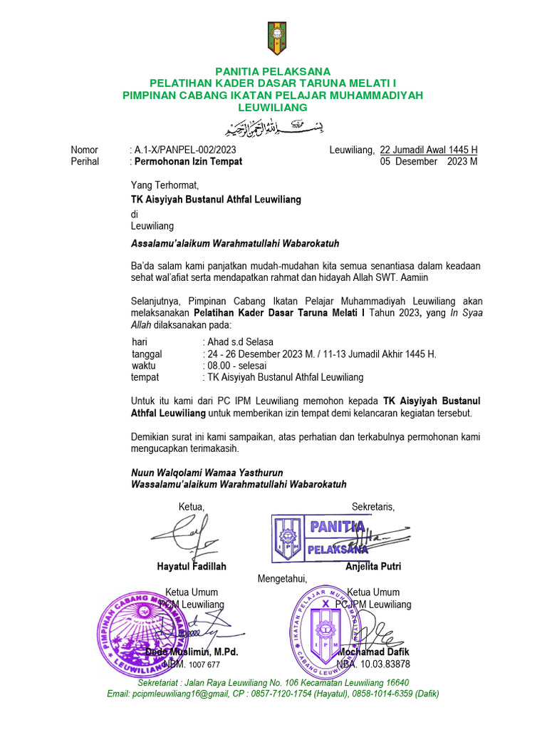 Izin Tempat Pelatihan Kader IPM Leuwiliang | PDF