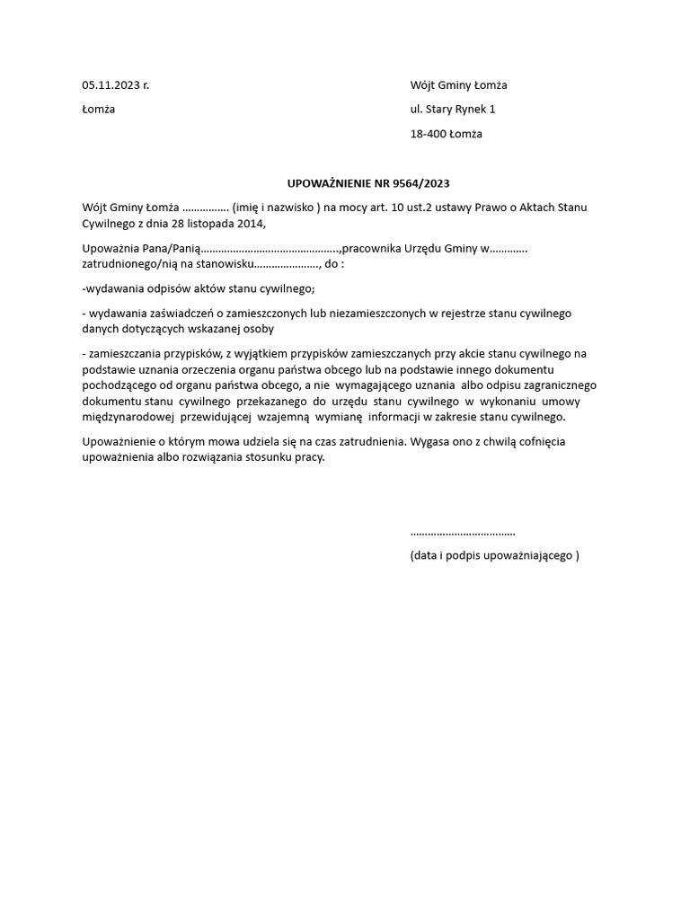 Wzór Upoważnienia Wydawanego Przez Wójta | PDF