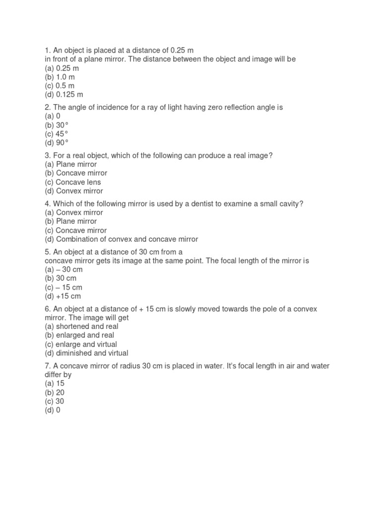 MCQs on Reflection and Mirrors | PDF | Mirror | Physical Sciences