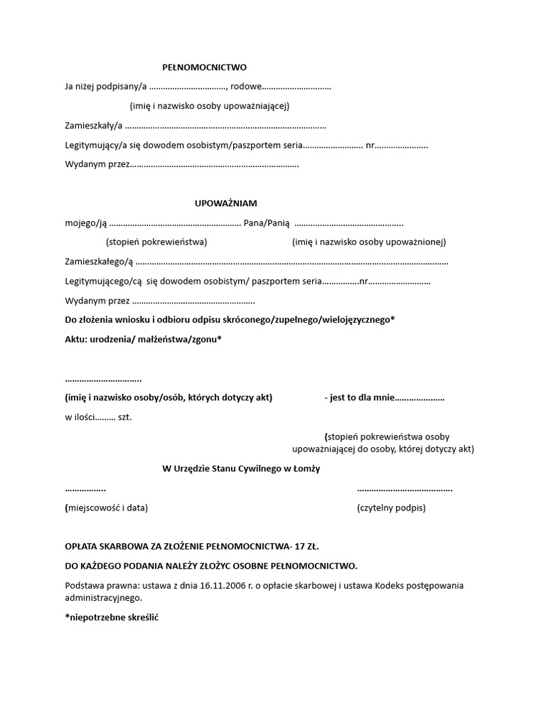 Wzór Pełnomocnictwa Do Odbioru Odpisu Aktu Stanu Cywilnego | PDF