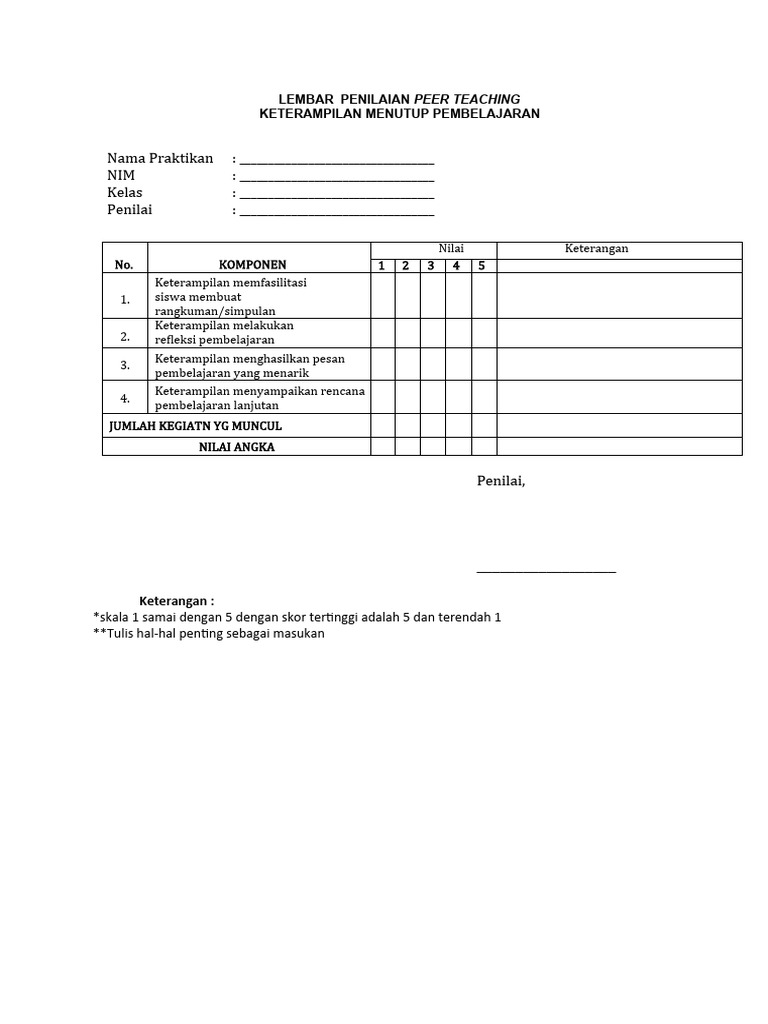 Lembar Penilaian Peer Teaching-keterampilan Menutup Pembelajaran | PDF Lembar Penilaian Peer Teaching-keterampilan Menutup Pembelajaran | PDF