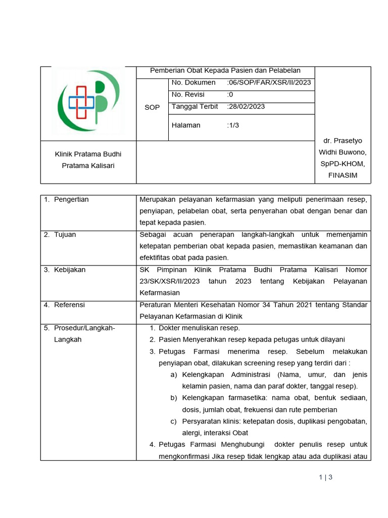 SOP Pemberian dan Pelabelan Obat | PDF