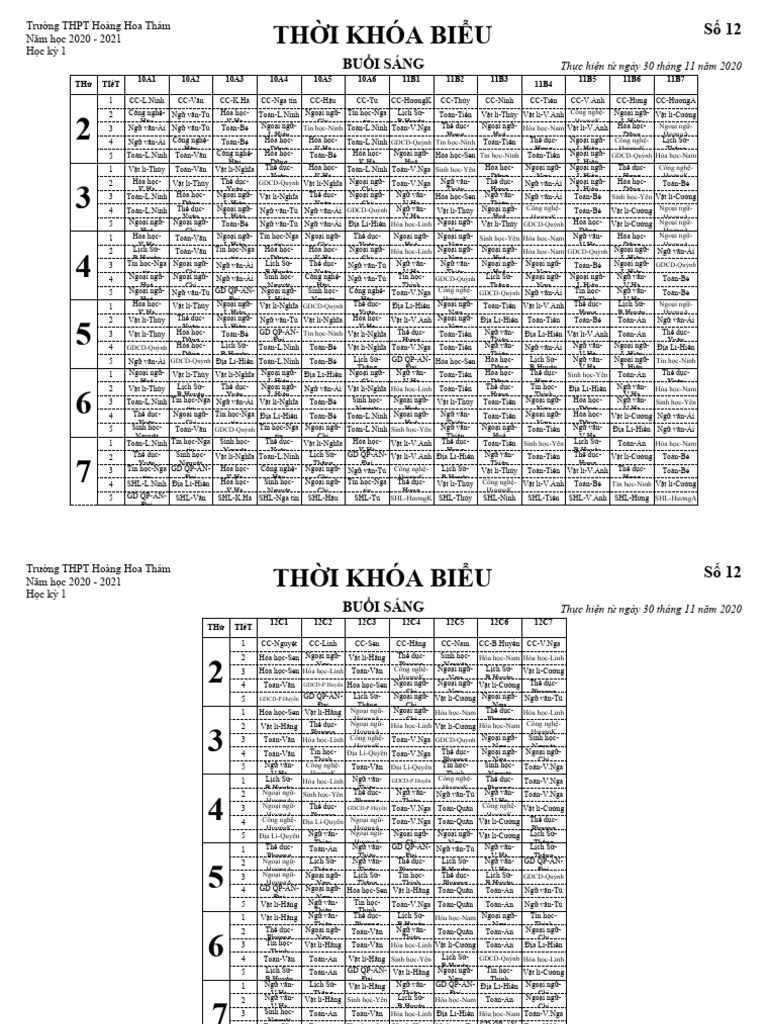 TKB HS sáng thực hiện từ 30 11 2020 | PDF