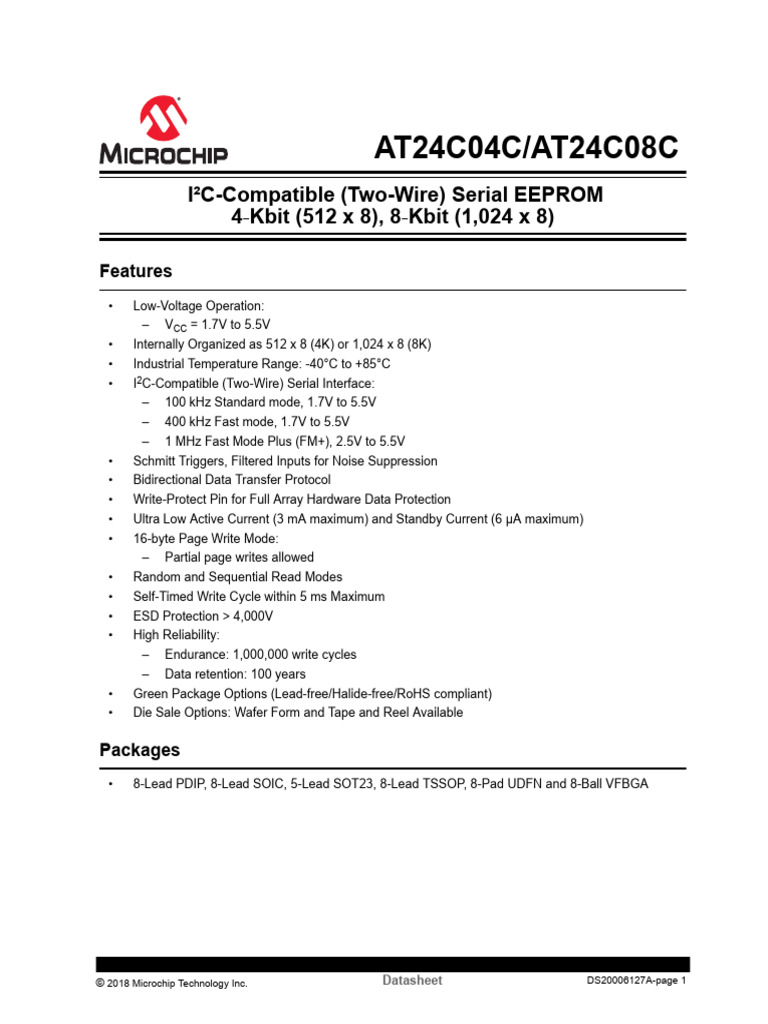 AT24C04C AT24C08C I2C Compatible Two Wire Serial EEPROM 4 Kbit 8 Kbit 20006127A | PDF | Bit ...