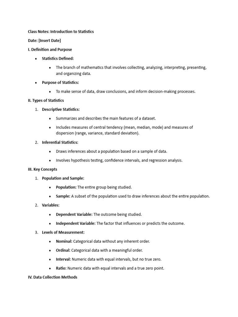 Class Notes Introduction To Statistics Pdf Statistics Level Of