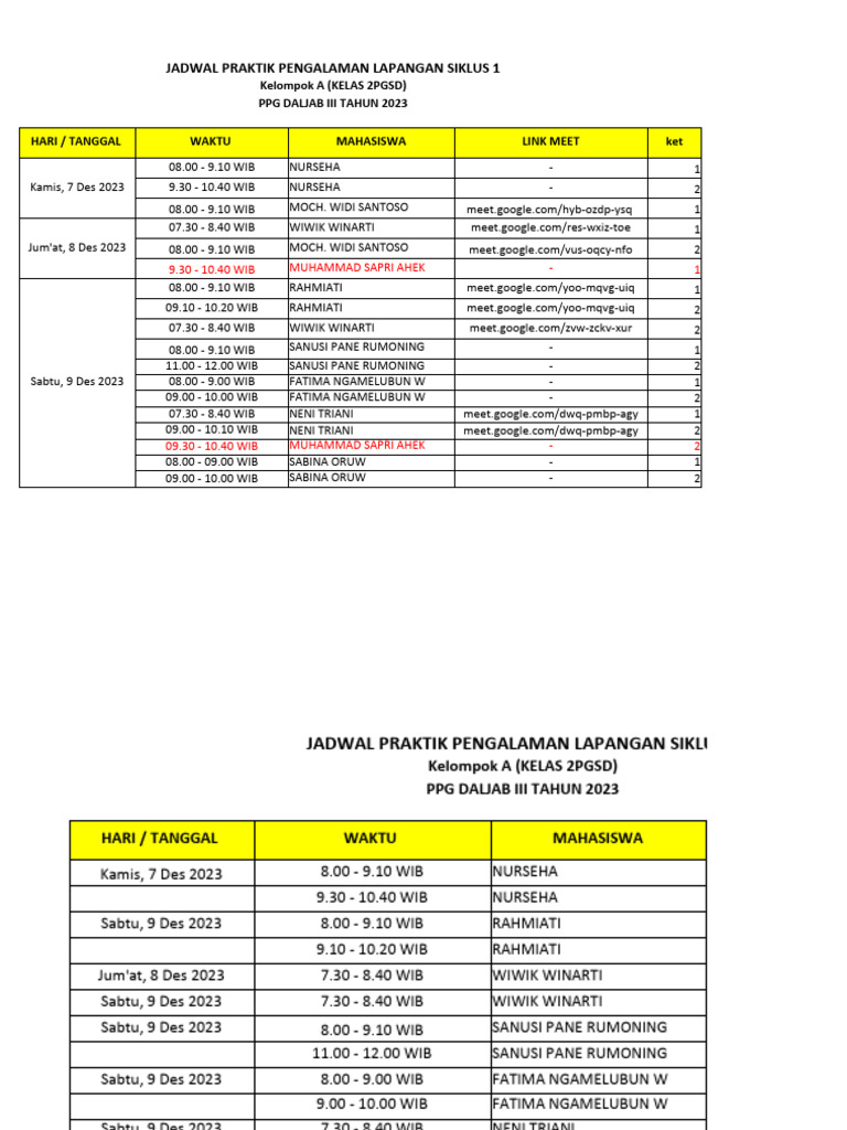 Jadwal PPL Kelas A-Siklus 1 | PDF