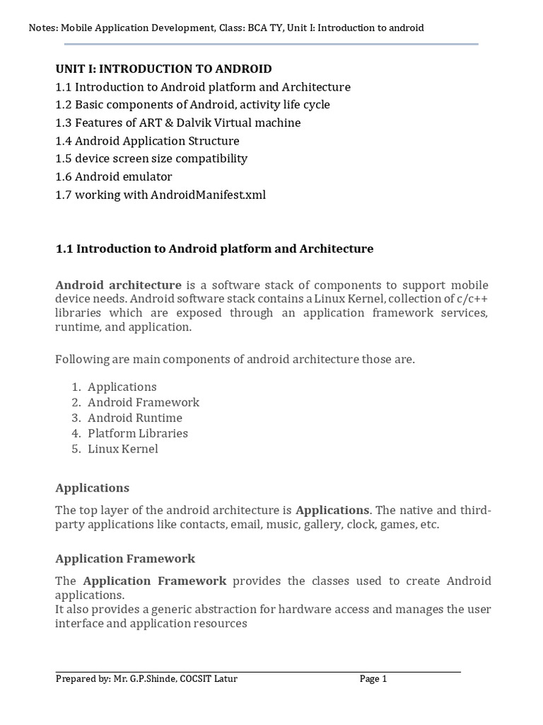 BCA TY Mobile Application Development UNIT I Introduction To Android | PDF