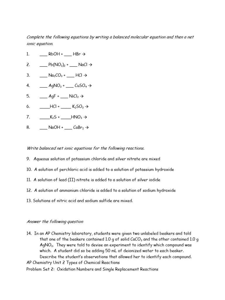 AP Chemistry Unit 2 Chemical Reactions Problem Sets CDO | PDF ...