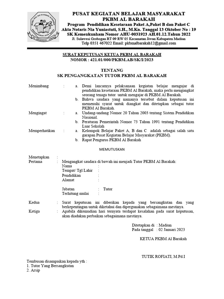 Contoh SK Pengangkatan Tutor 2023 | PDF Contoh SK Pengangkatan Tutor 2023 | PDF