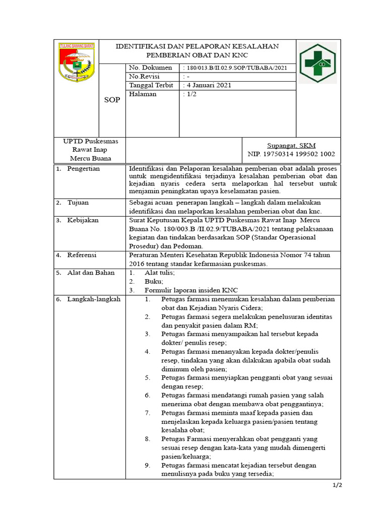 Sop Identifikasi Dan Pelaporan Kesalahan Pemberian Obat Dan KNC 2021 | PDF