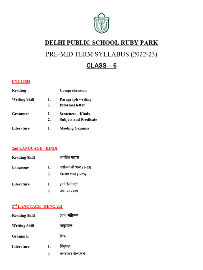 Class 6 Pre-Mid Term Syllabus | PDF | Language Arts & Discipline | Foreign Language Studies