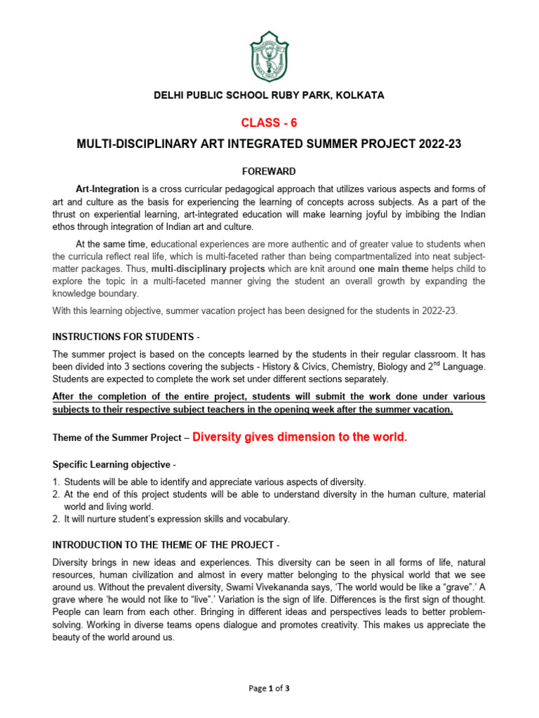 CL 6 Summer Vacation Project | PDF