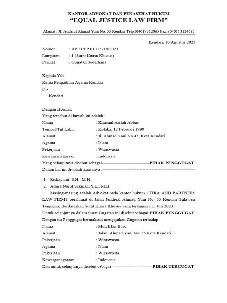 Contoh Gugatan Harta Bersama (Perdata) | PDF