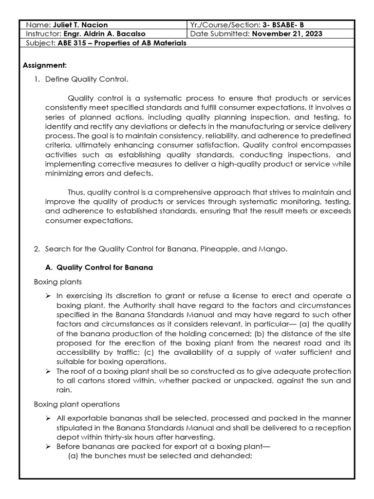 Quality Control Standards for Bananas | PDF