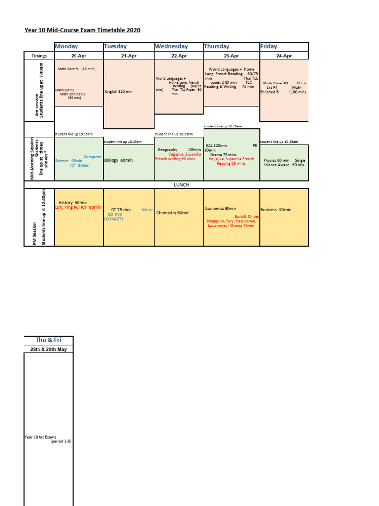 Year 10 Exam Timetable April 2020 | PDF | Science