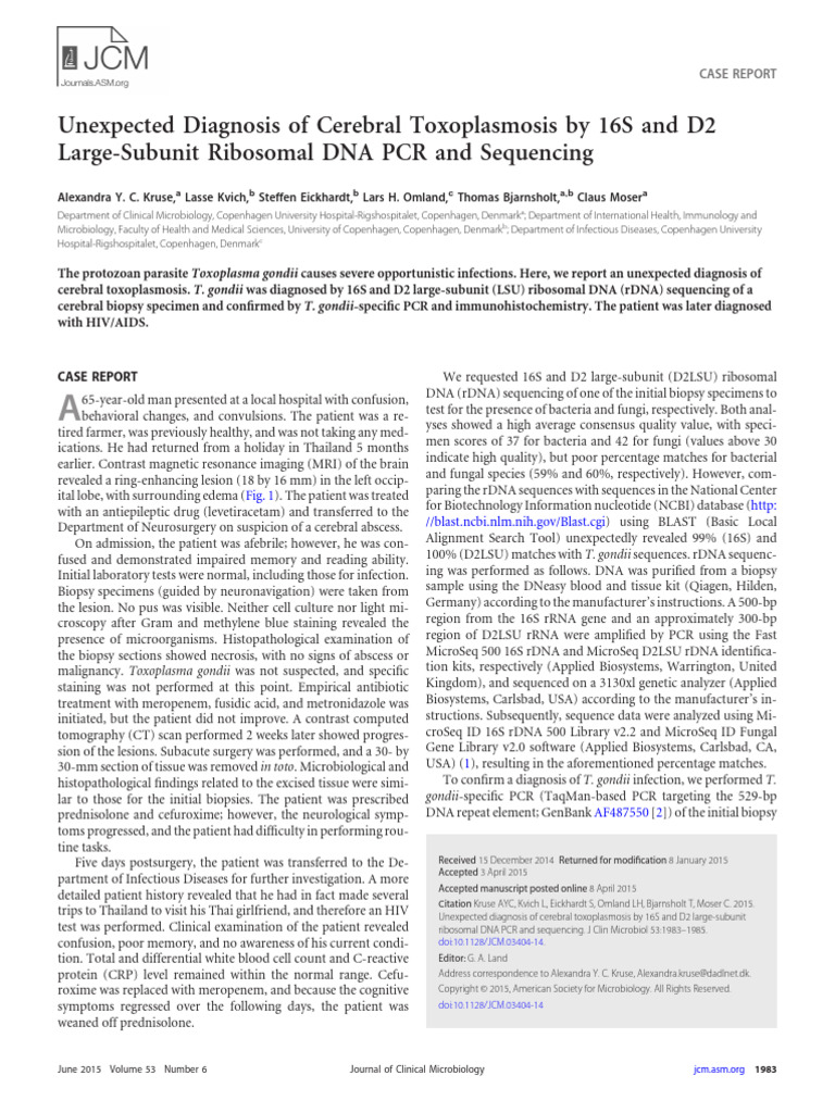 Unexpected Diagnosis of Cerebral Toxoplasmosis by 16S and D2 Large-Subunit Ribosomal DNA PCR and ...