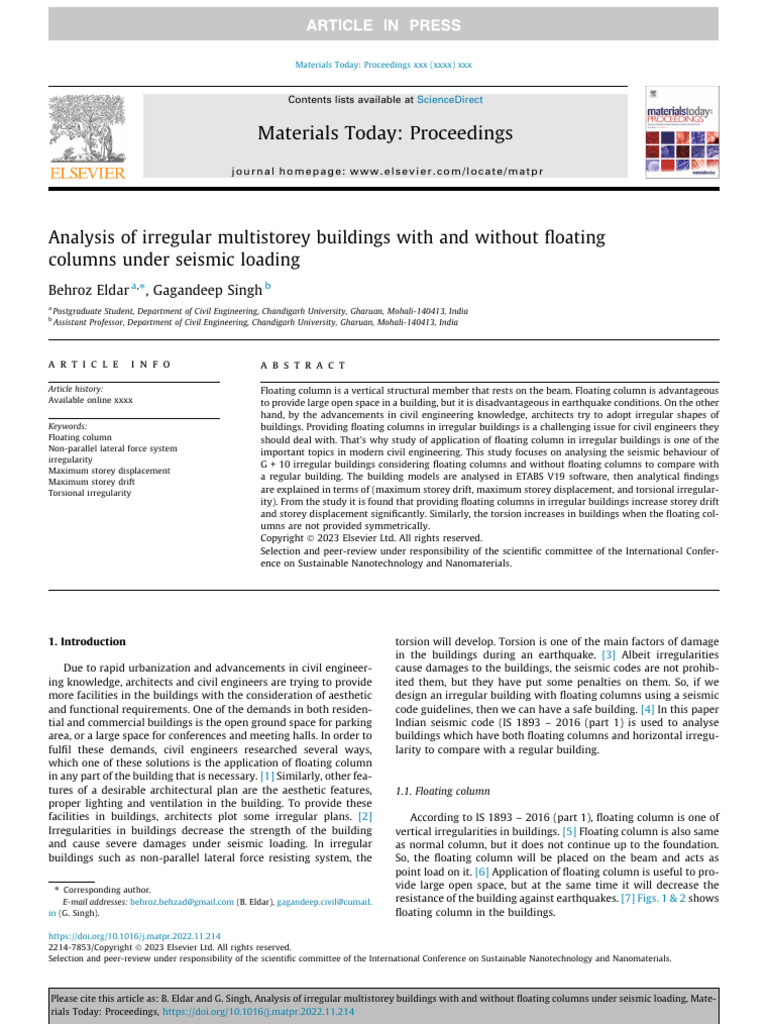 Analysis of Irregular Multistorey Buildings With and Without Floating Columns Under Seismic ...