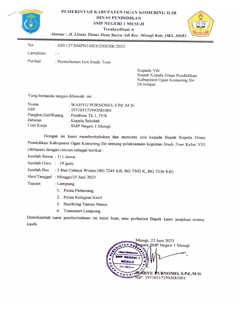 SK Study Tour SMP 1 Mesuji 2023 (1) | PDF