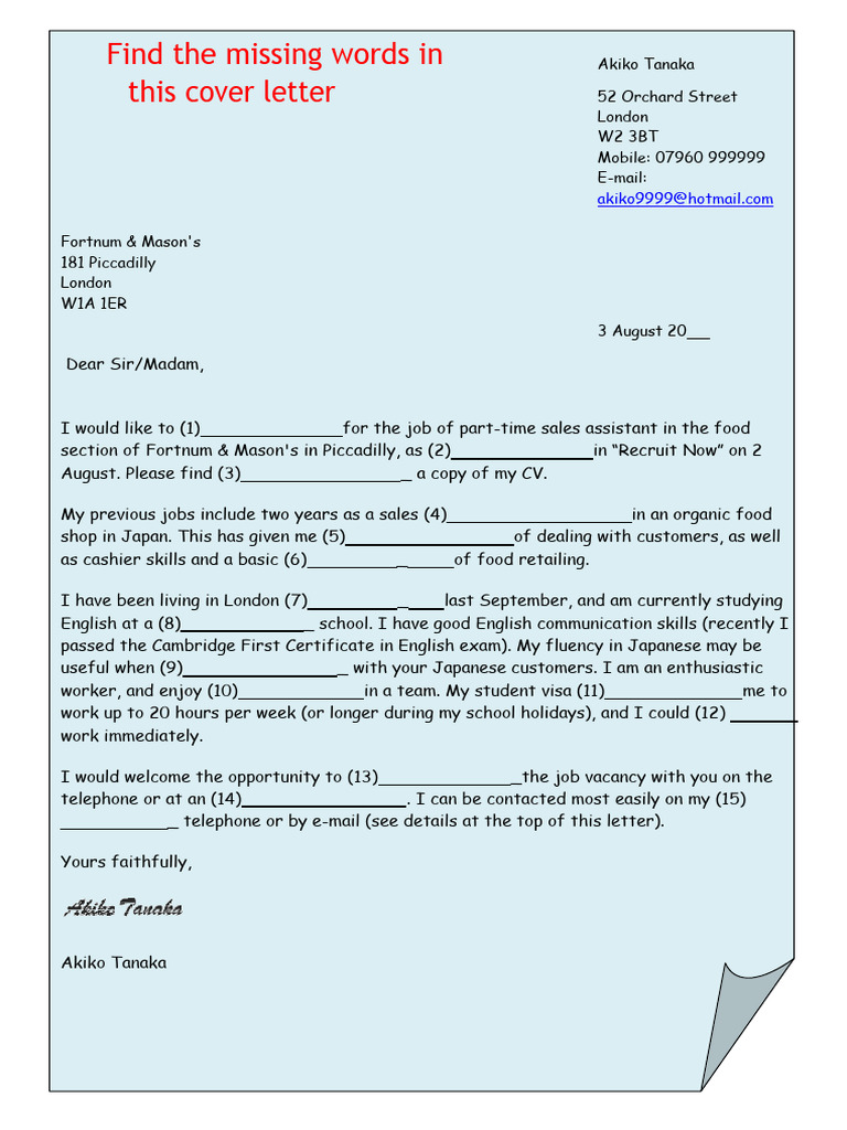 Cover Letter Worksheet | PDF