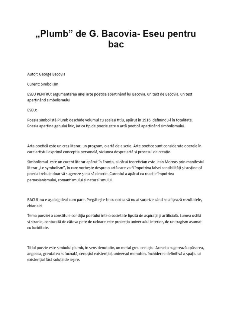 „Plumb” de G. Bacovia- Eseu pentru bac | PDF
