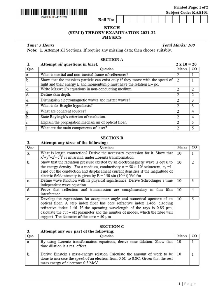 Btech 1 Sem Physics Kas101 2022 | PDF | Light | Waves